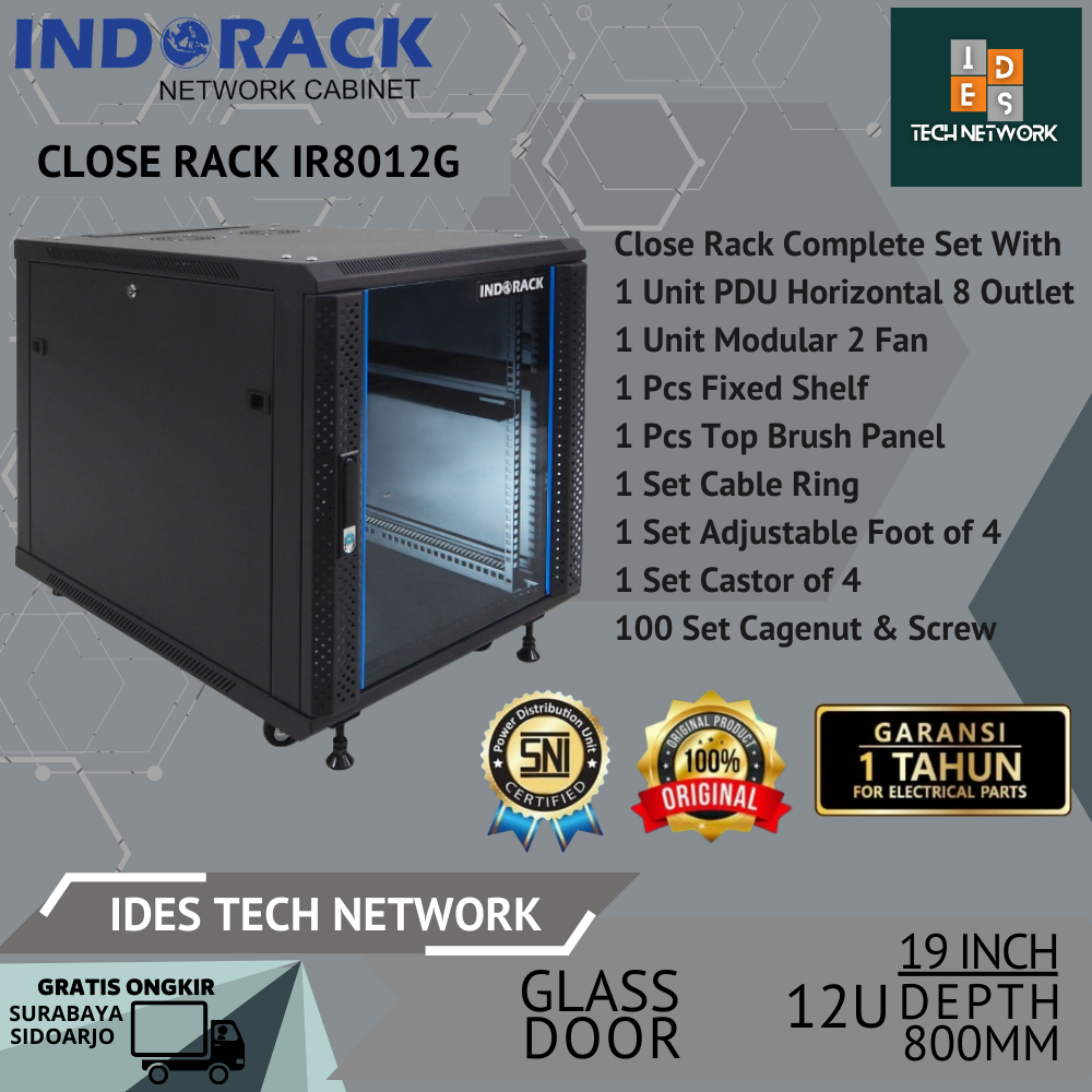 Jual Rack Server Indorack Close Rack IR8012G 12U Depth 800mm Glass Door ...