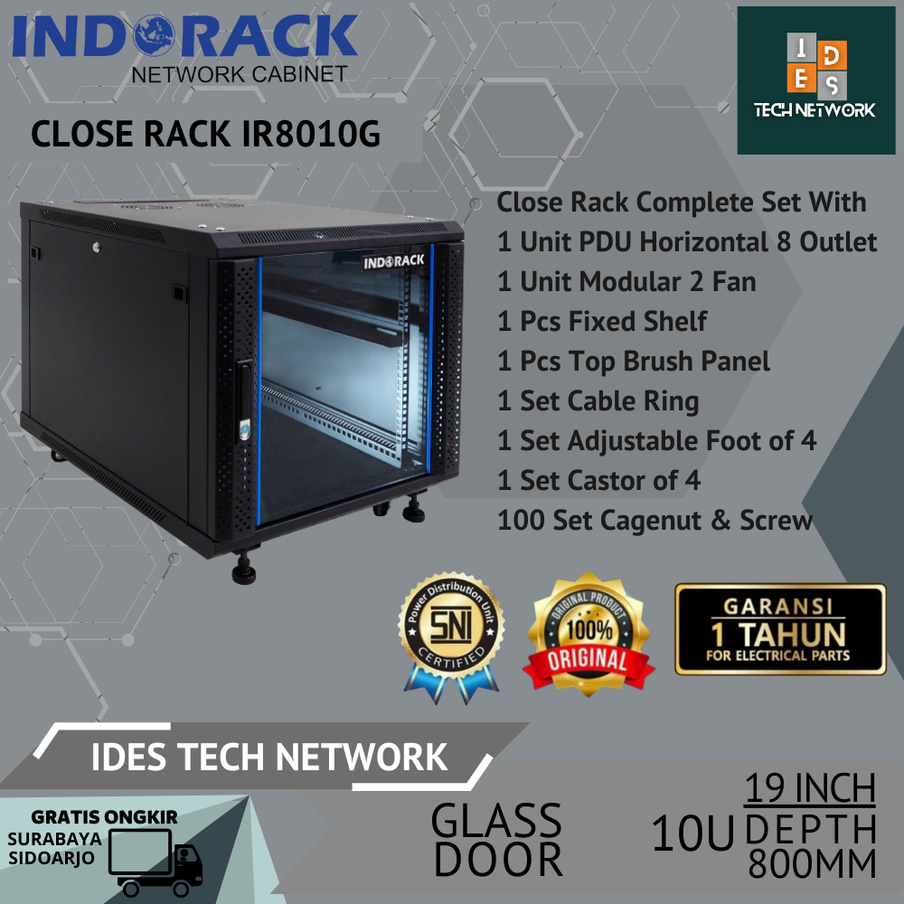 Jual Rack Server Indorack Close Rack IR8010G 10U Depth 800mm Glass Door ...
