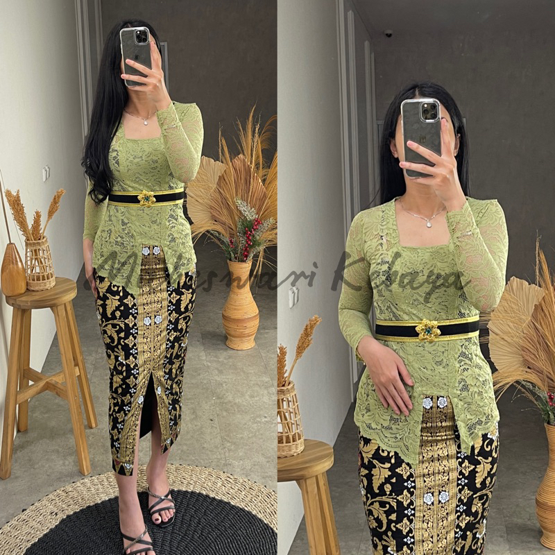 Jual Kebaya Bali Set Brukat Panjang Sage Green | Shopee Indonesia