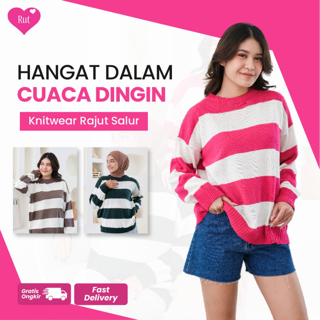 Jual Atasan Knitwear Lengan Panjang Bahan Rajut Motif Salur Garis Garis Sweater Korean Style ...