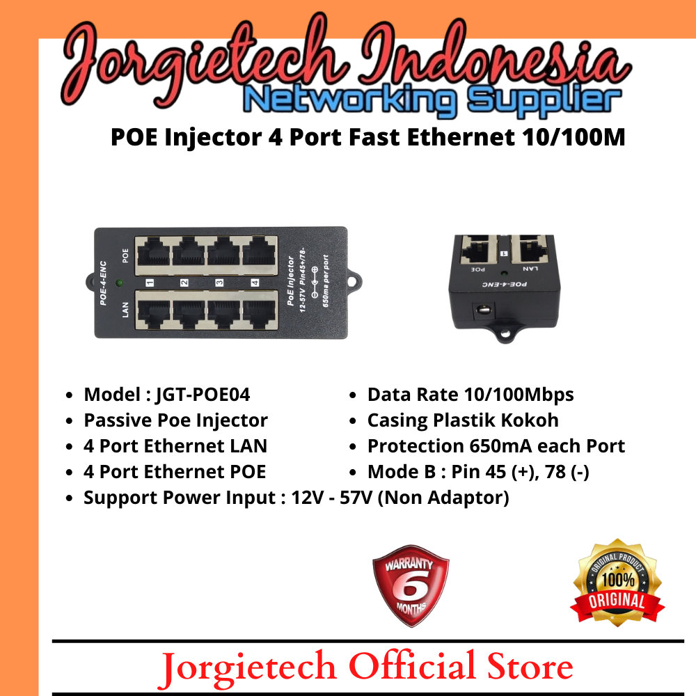 Jual Jorgietech JGT-POE04 Passive Poe Injector 4 Port Fast Ethernet 10 ...