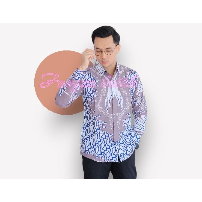 Jual Kemeja batik pria lengan panjang, Hem batik, Atasan batik Motif Hapsari ungu bahan katun ...