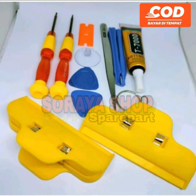 Jual satu set obeng 10 in 1 alat servis hp + 2 penjepit LCD dan 1 lem T7000 15ml Hitam | Shopee ...