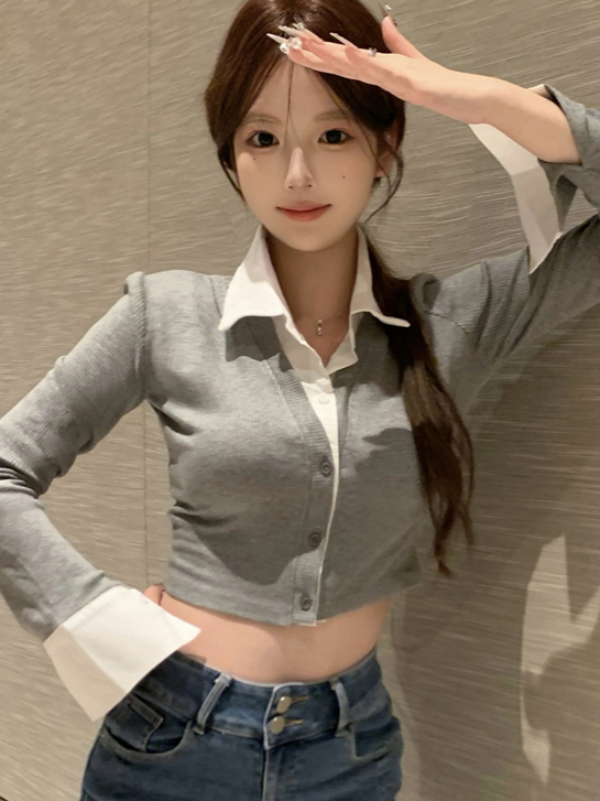 Jual Fake Two Pieces Crop Top Collar Long Sleeve 1773 (S/M/L/XL ...