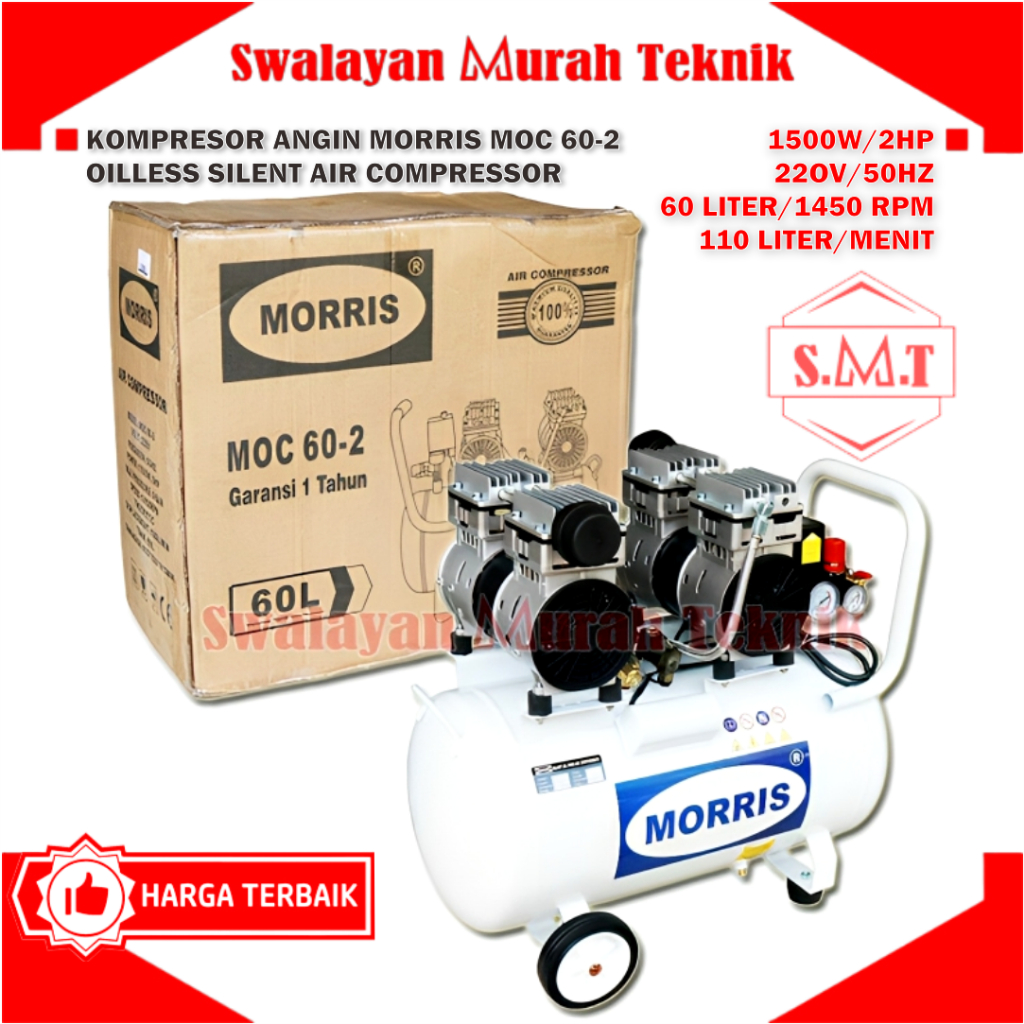 Jual Kompresor Angin MORRIS MOC 60-2 Oilless Silent 60L 2 HP Air ...