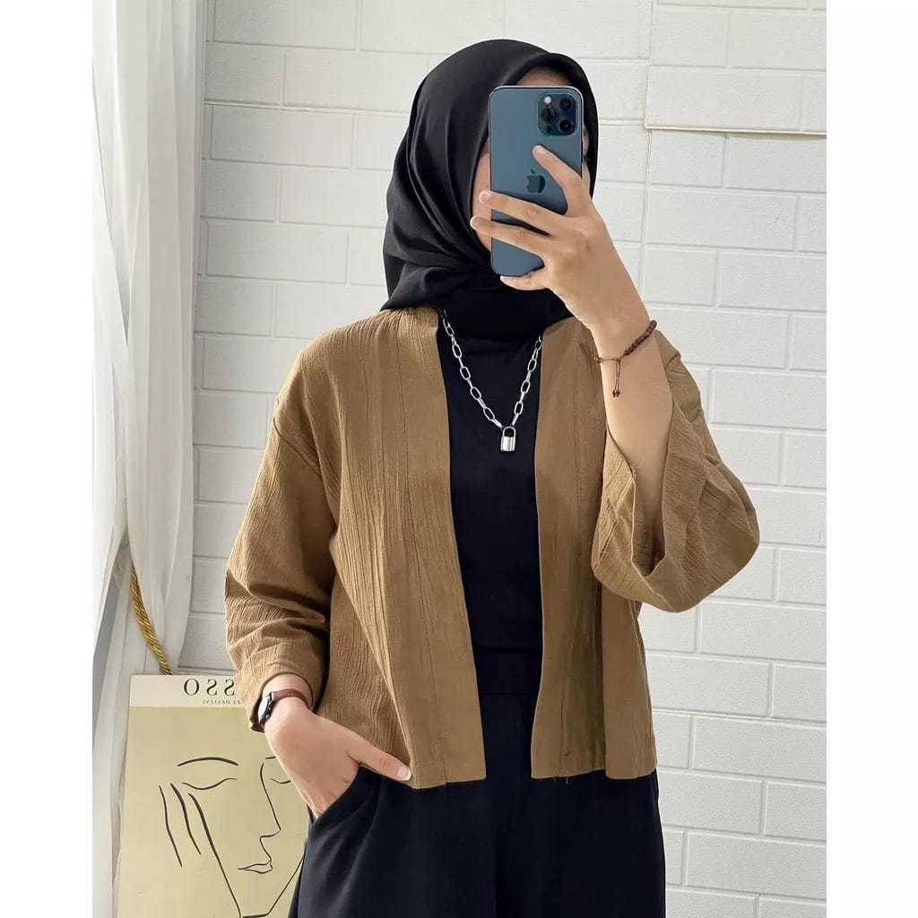 Jual Belia Outer Crop Linen Crinkle Lengan 3/4 Outer Wanita Atasan Korean Outfit Simple ...