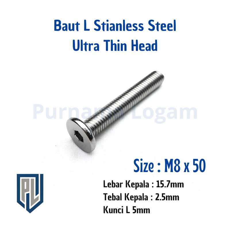 Jual Baut L Ultra Thin M8 x 50 ( Drat 12 Panjang 5 cm ) Stainless 304 Baut Soket Super Tipis ...