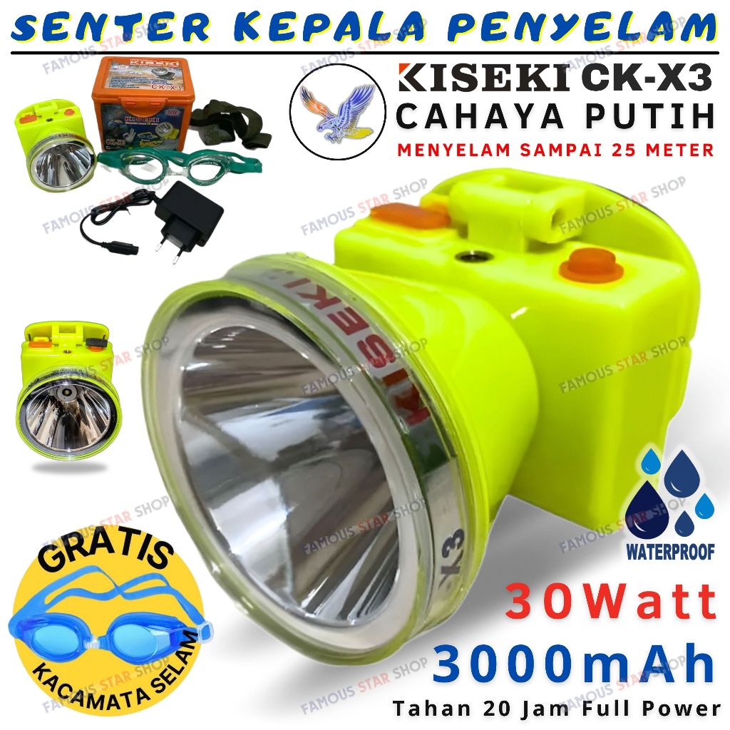 Jual Senter Kepala Selam Tahan Air KISEKI CK-X3 | 30 Watt - 3000mAh -20 ...