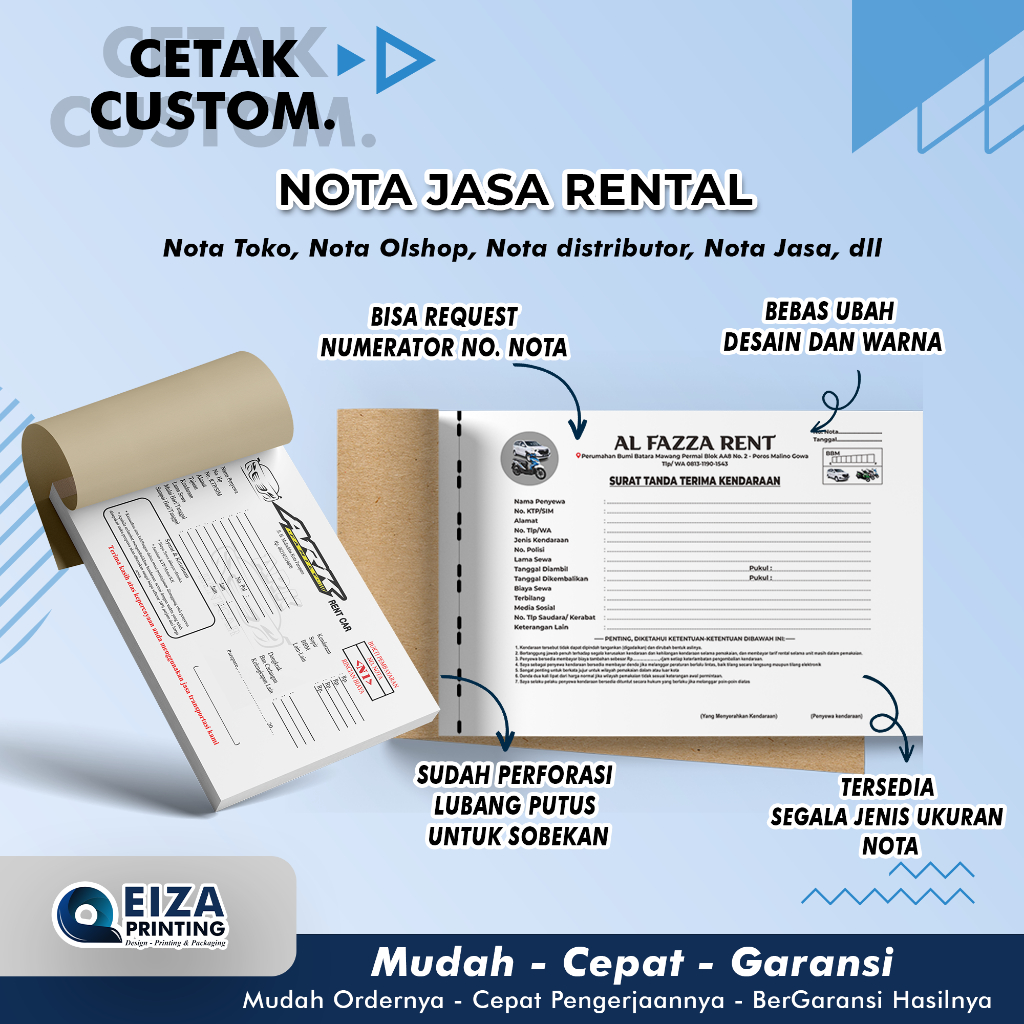 Jual Cetak Nota Jasa Rental Mobil / Cetak Custom Nota Rental Kendaraan ...