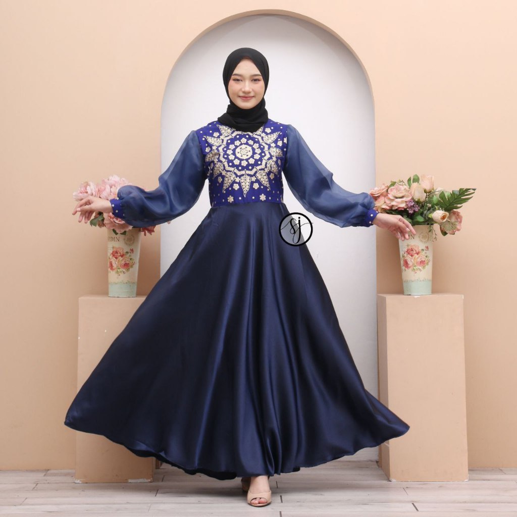 Jual Baju Gamis Maxmara Organza Matahari Blue | Dress Kasual Wanita ...
