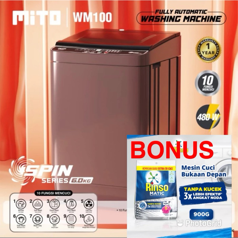 Jual MITO Mesin Cuci 1 Tabung Full Otomatis WM100 Kapasitas 6 KG - WM 100 FREE RINSO MATIC 900GR ...