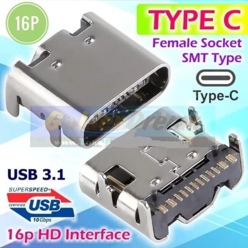 Jual Soket USB Type C 16 Pin USB-C Connector USB-3.1 SMD 16P Female ...