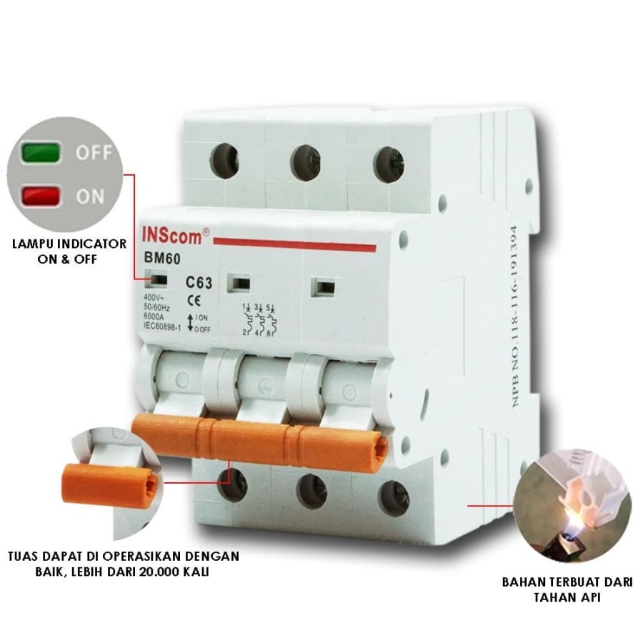 Jual MCB LISTRIK INSCOM 3P 6A 10A 16A / MINI CIRCUIT BREAKER 3 PHASE BM60 INSCOM | Shopee Indonesia