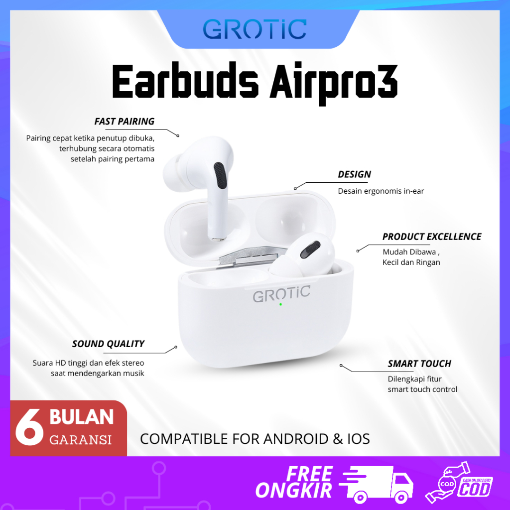 Jual GROTIC Headset Bluetooth Music TWS Earphone Wireless In-ear Sports ...