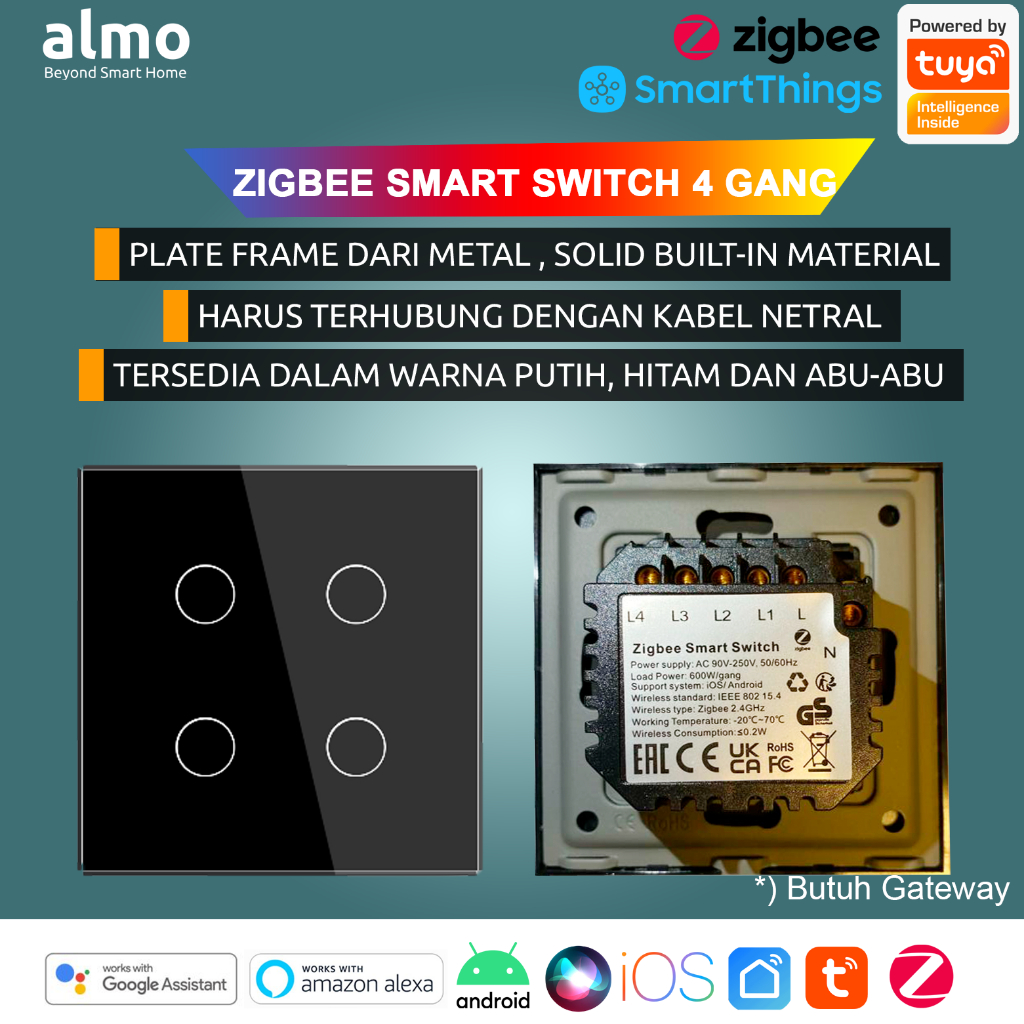 Jual ALMO Tuya Zigbee Smart Switch 4 Gang Home Automation [Premium Quality] | Shopee Indonesia