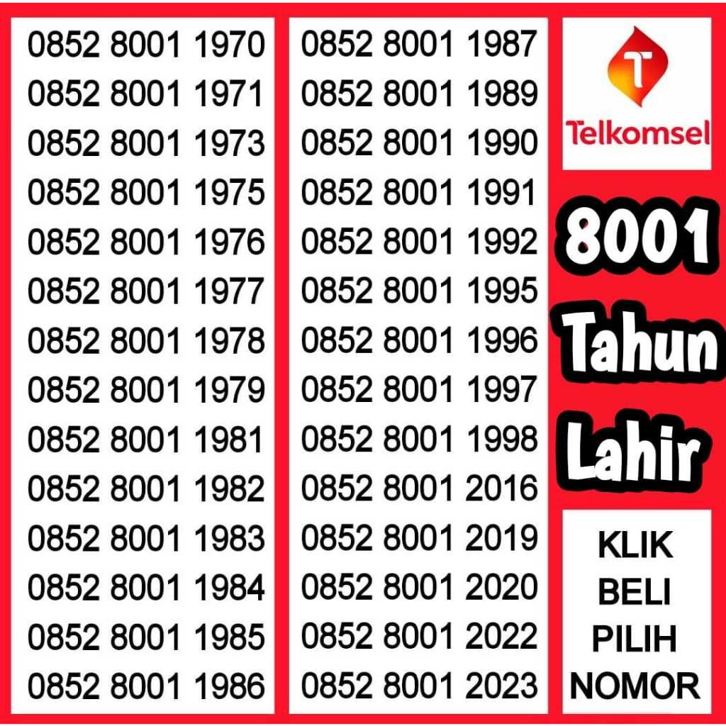 Jual Kartu Perdana Nomor Cantik Telkomsel Prabayar Tahun Lahir 8001 Tahun dan 8002 Tahun ...