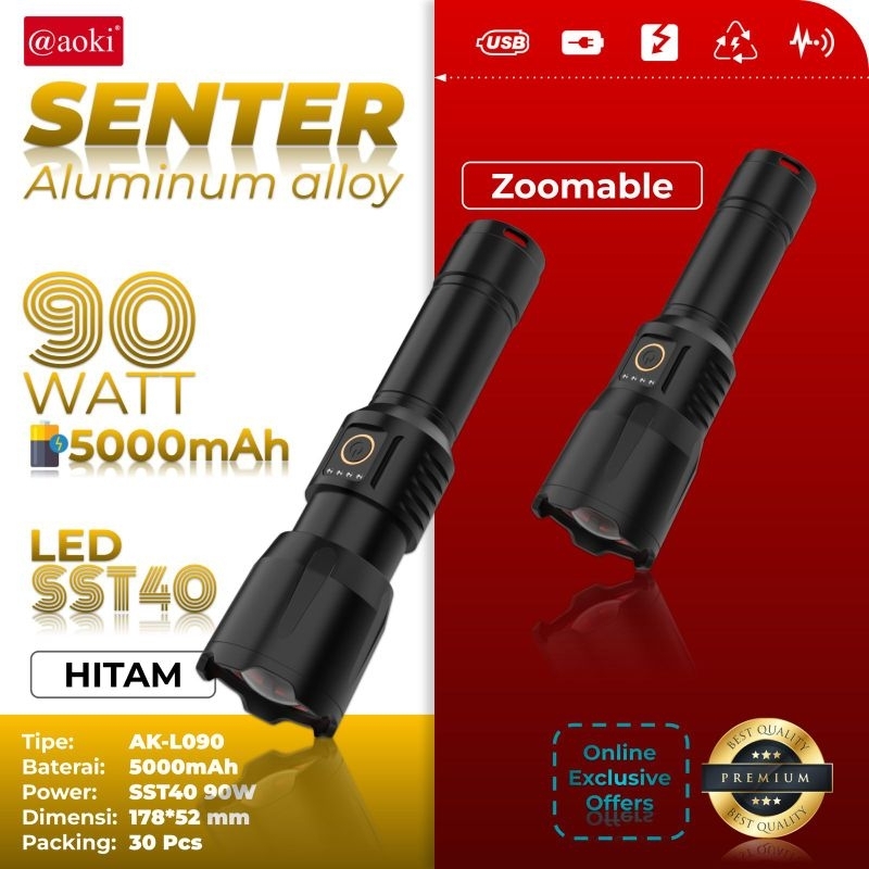 Jual senter tangan Aoki 90 Watt super terang charger tipe c bahan besi ...