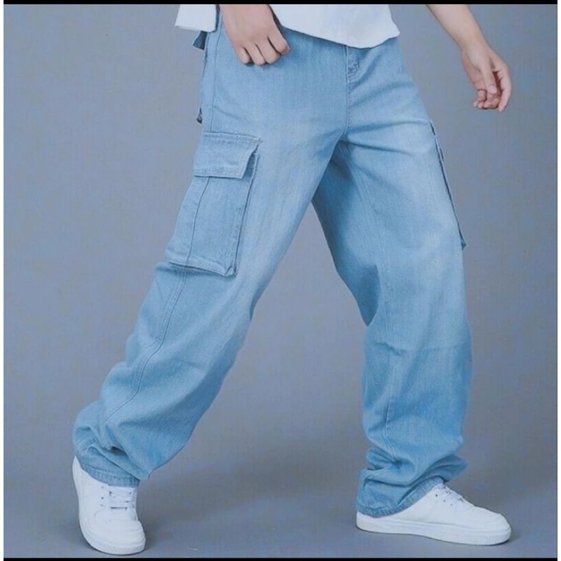 Jual celana cargo panjang pria gombrong Korean style loose cargo pants blue jeans kulot pants ...