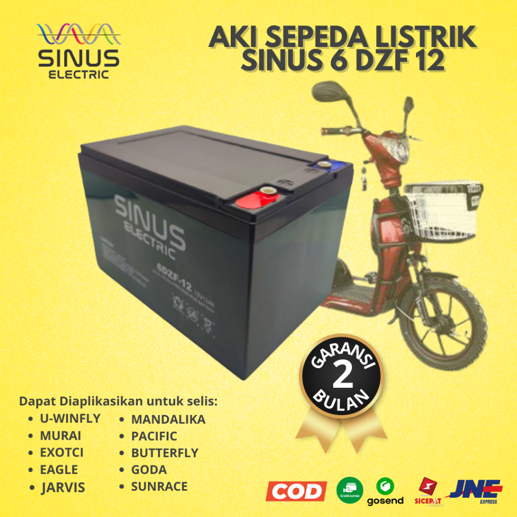 Jual Aki baterai Sepeda Listrik uwinfly, exoti, pacific, jarvis 6 DZF 12 aki 12V 12Ah SINUS ...