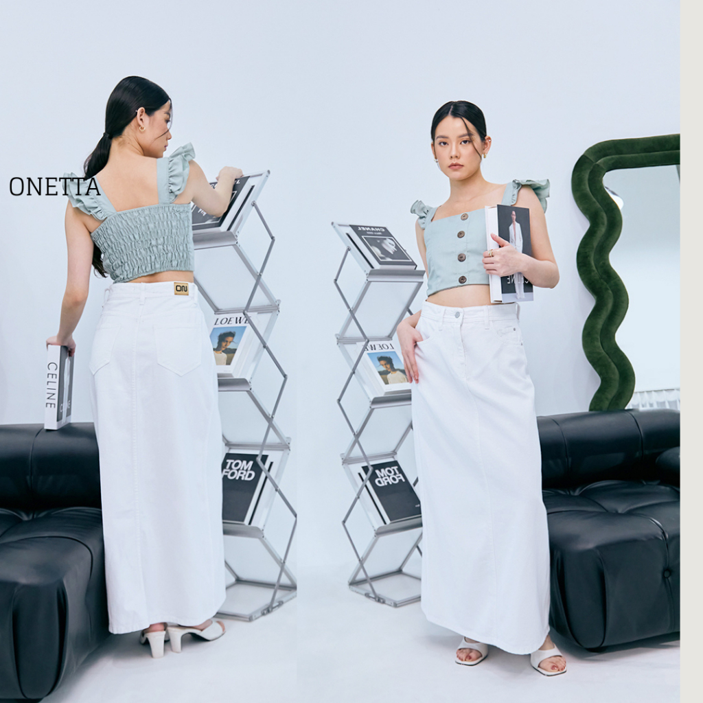 Jual Onetta - Rok Jeans Putih Panjang OLIVIA White Denim Skirt | Shopee ...