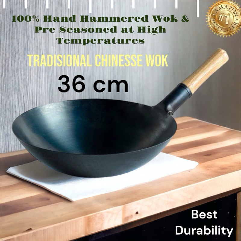 Jual Carbon Steel Wok 36 Cm Preseasoned Chinesse traditional Gagang Kayu | Shopee Indonesia