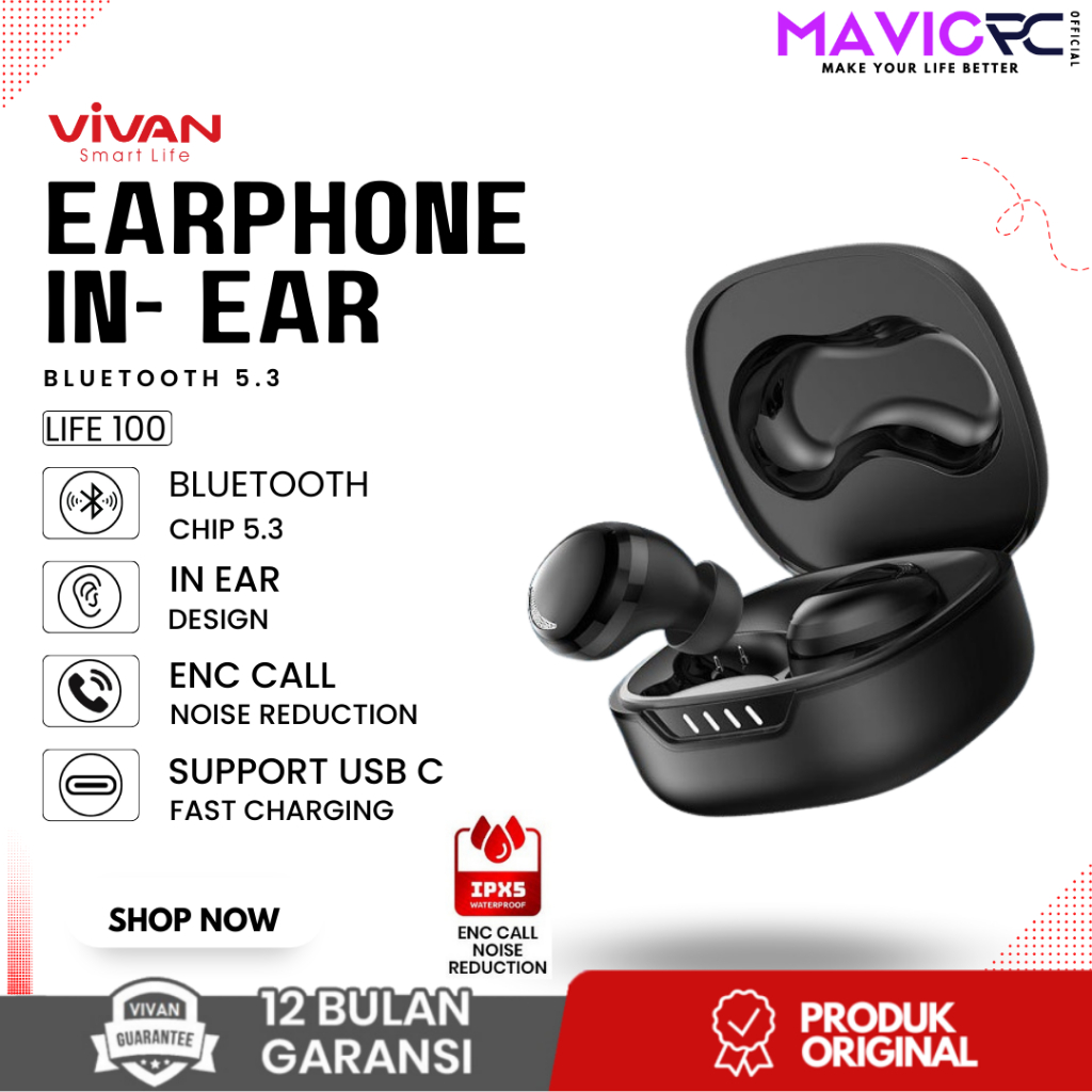 Jual VIVAN LIFE 100 TWS Bluetooth 5.3 ENC Earbuds Earphone True ...
