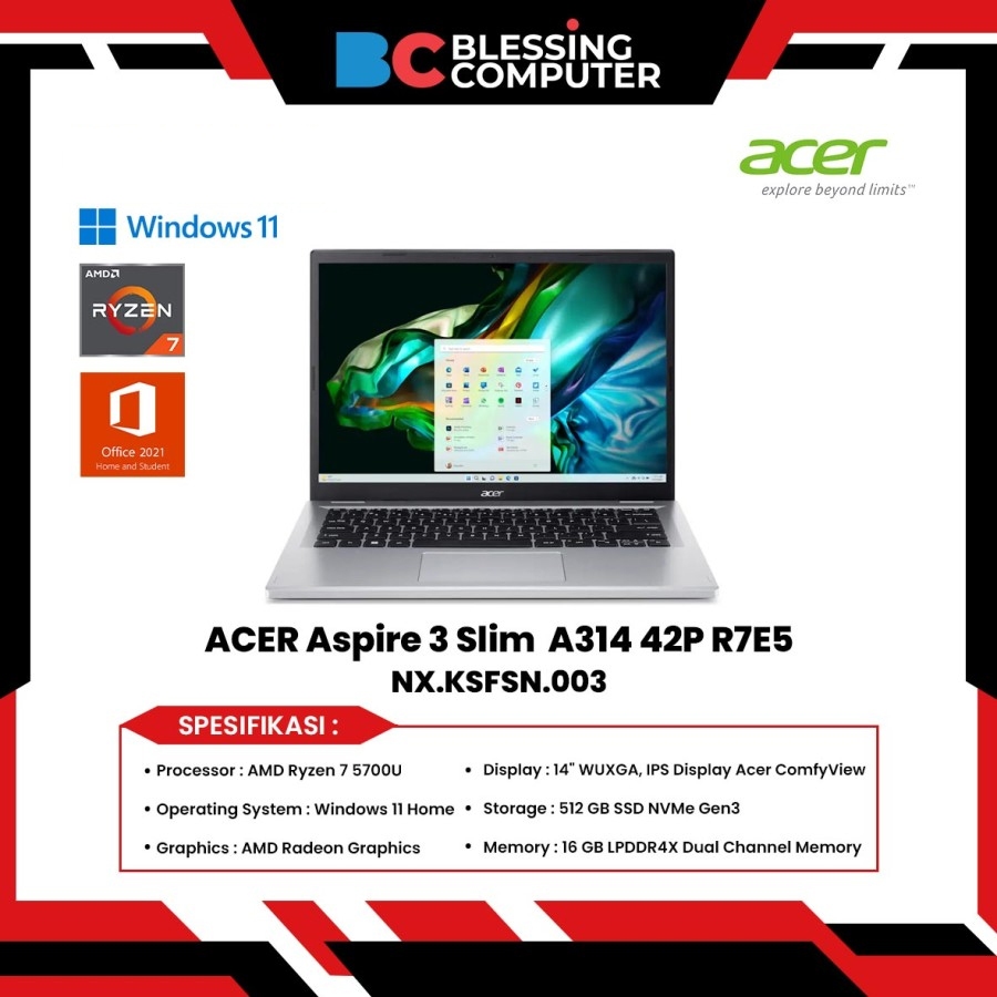 Jual ACER Aspire 3 Slim A314 42P R7E5 Ryzen 7 5700U 16GB 512GB W11 OHS ...