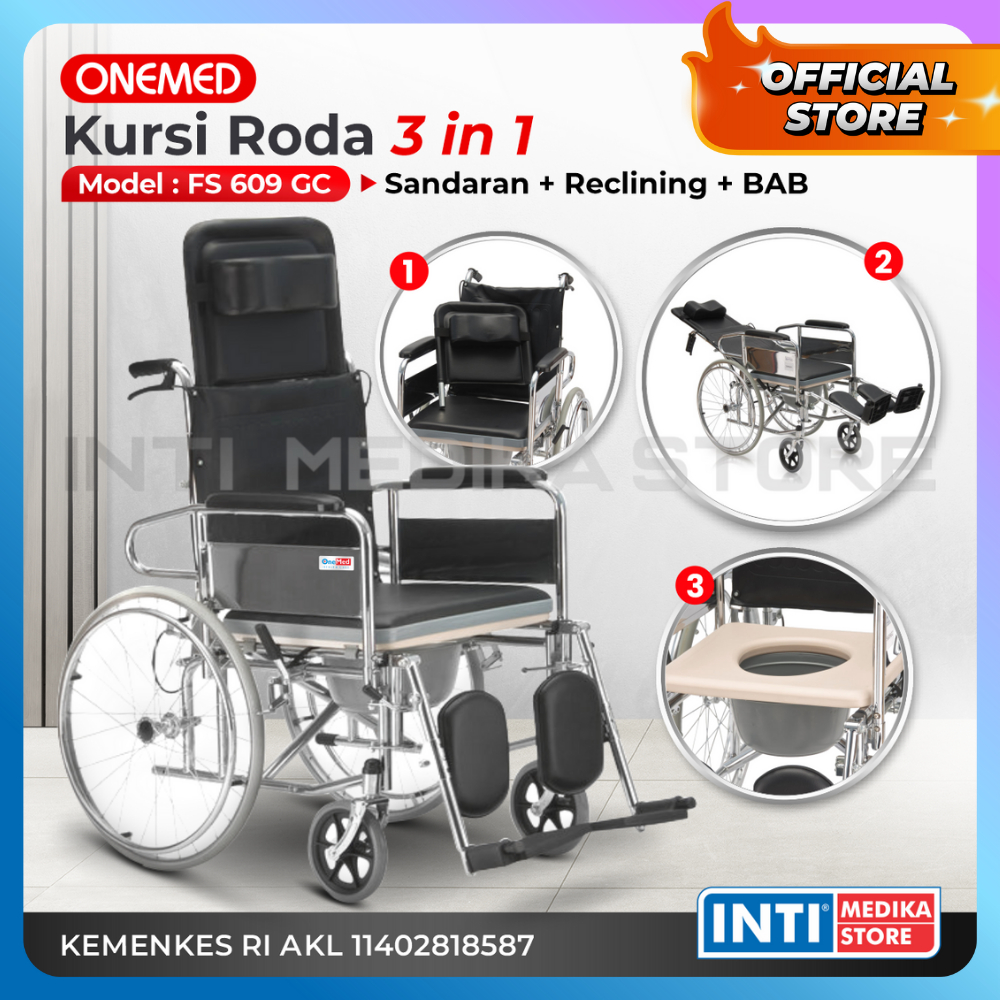 Jual ONEMED - Kursi Roda OPTIMA 3In1 Sandaran Kepala + Miring + Commode ...