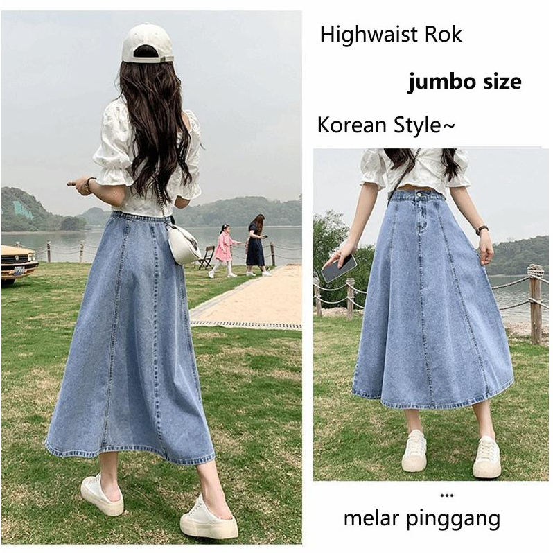 Jual Highwaist Rok Jeans Panjang Wanita Jumbo rok melar Rok Denim ...
