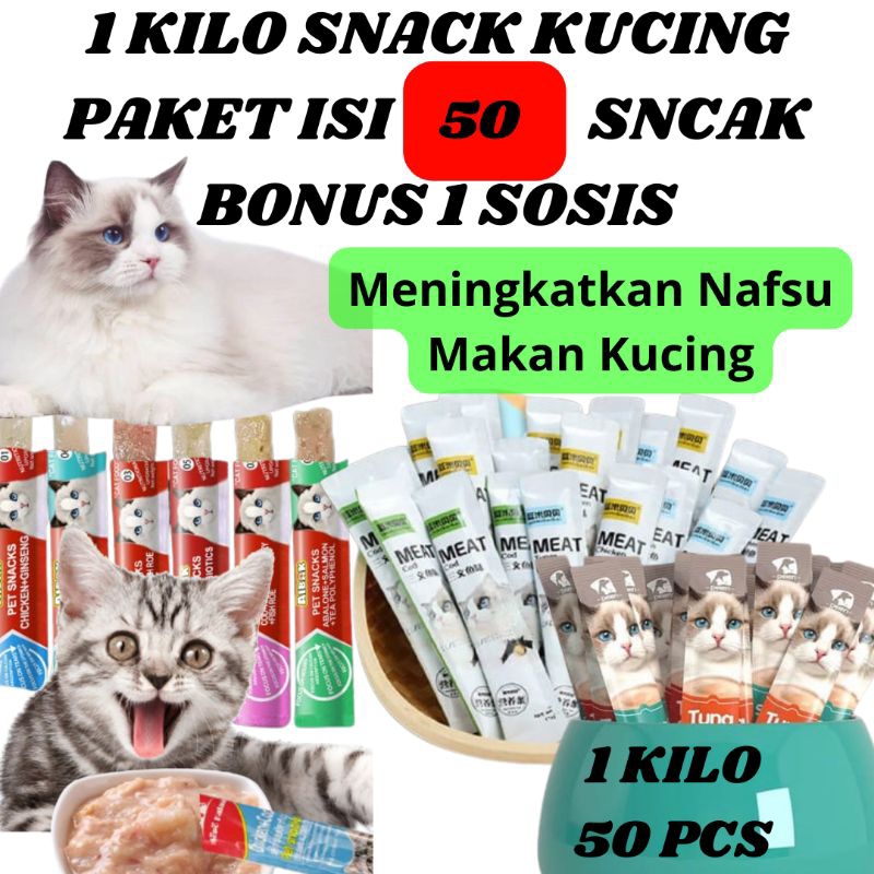Jual 1 Kilo Snack Kucing 50 Pcs Snack Kucing Bonus 1 Sosis Snack Kucing ...