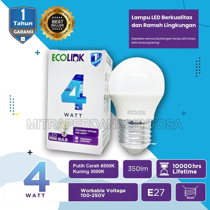 Jual Ecolink Lampu LED Bulb Bohlam 4 watt Putih 6500k / Kuning 3000k ...