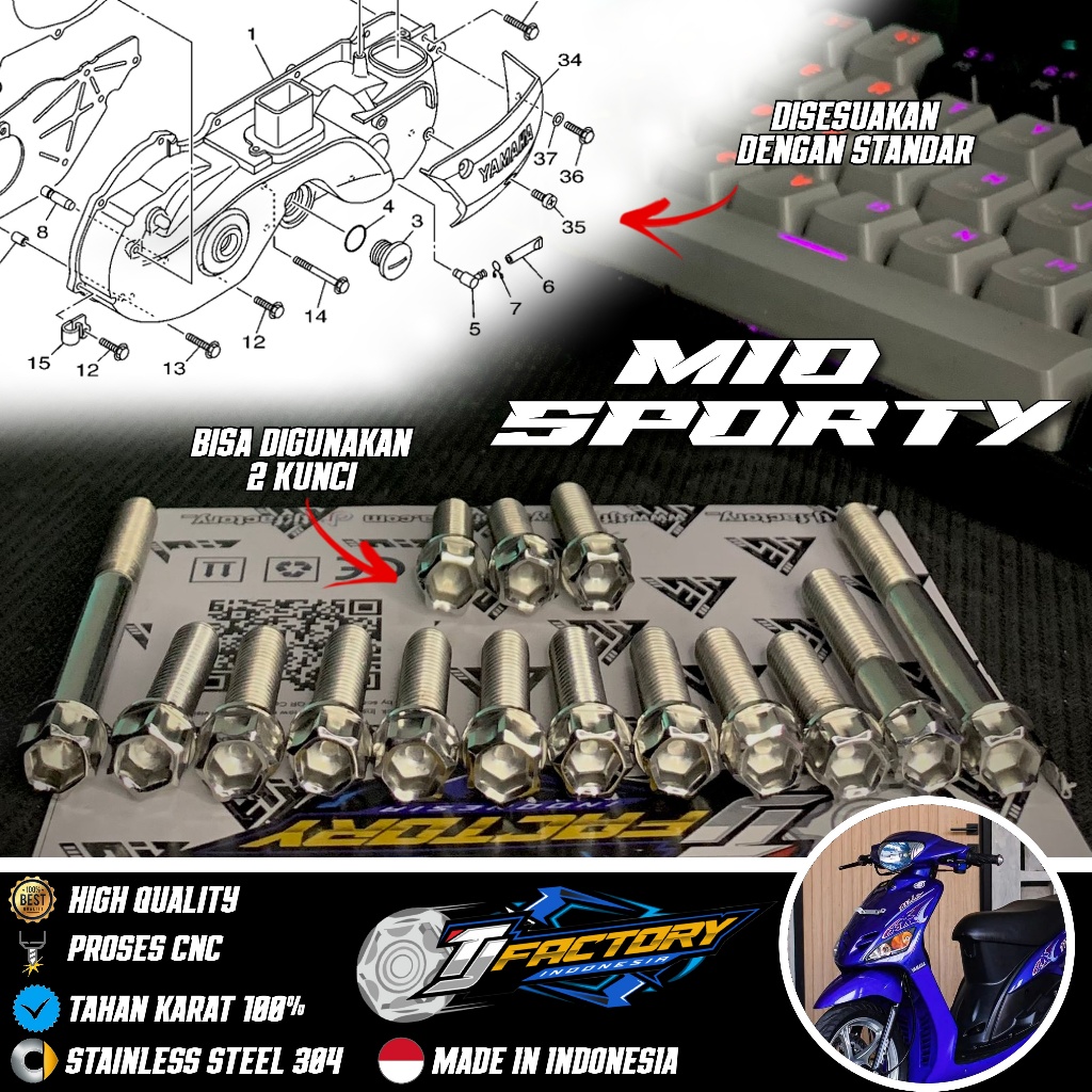 Jual 1 Set Baut Stainless CNC Bak CVT Mio Sporty 2 Kunci by TJ Factory ...