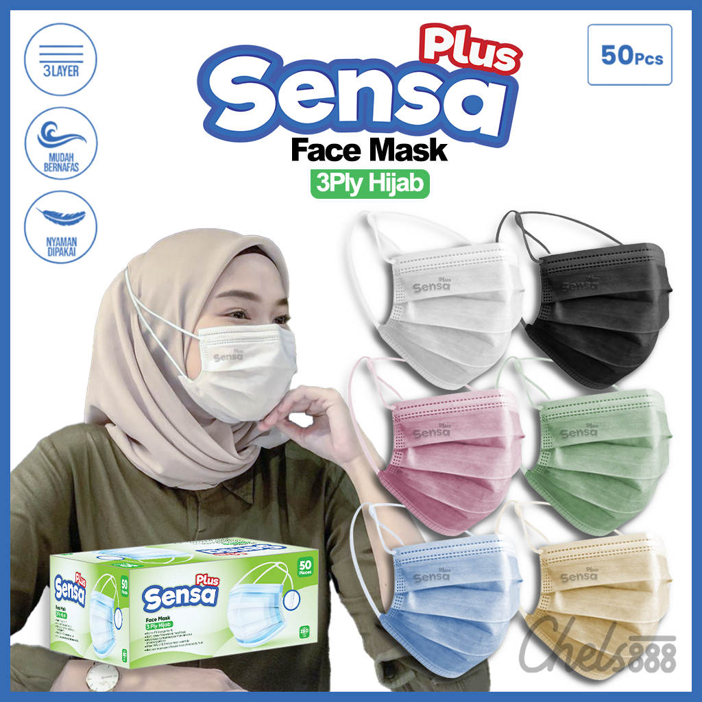 Jual Masker Hijab Sensa Plus Full Colour 3 ply isi 50 pcs | Shopee ...