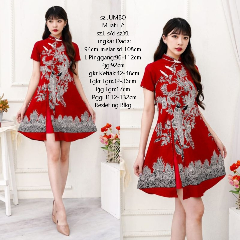 Jual Baju Red Dress Batik Wanita Merah Etnik Kultur Kombinasi Bunga Gaun Terusan Minidress batik ...