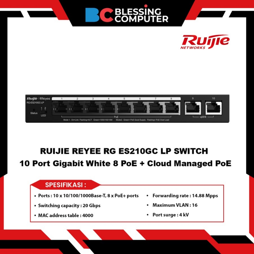 Jual RUIJIE REYEE SWITCH RG ES210GC LP 10 Port Gigabit White 8 PoE ...