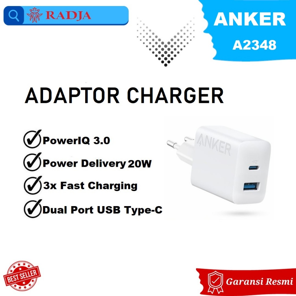 Jual Adaptor Charger Anker A2348 Powerport 20W Dual Port USB Type-C ...