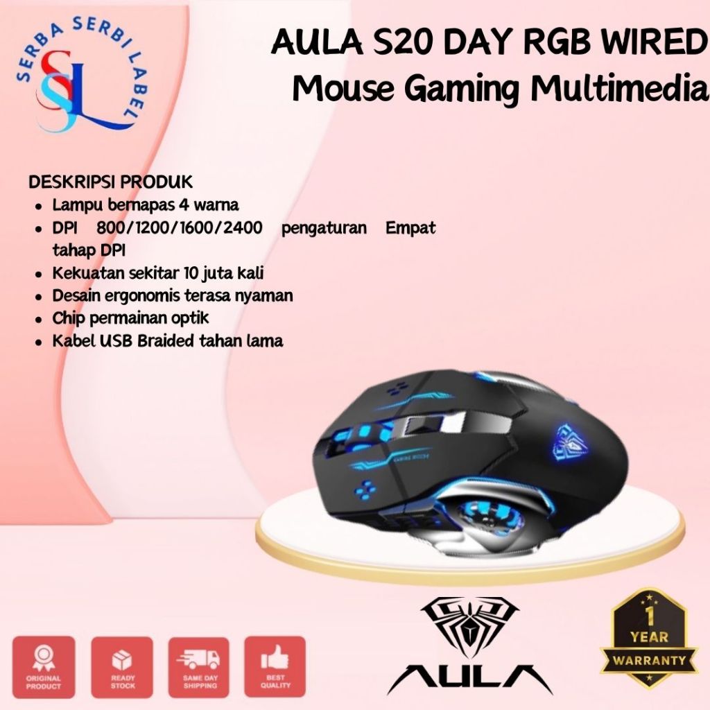 Jual Mouse Optical Gaming AULA S20 2400DPI RGB Driver Macro Software | Shopee Indonesia