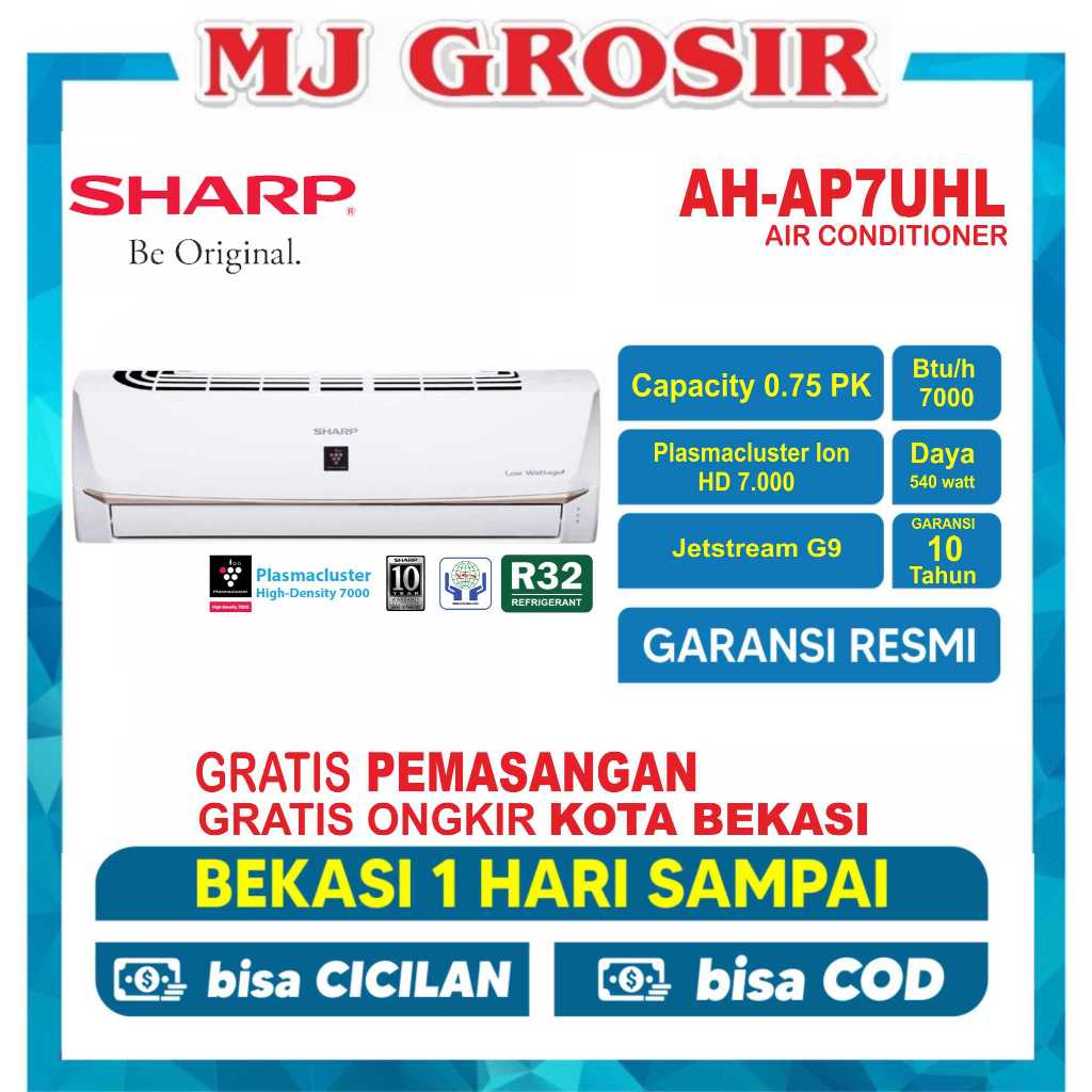 Jual AC SHARP AH-AP 07 UHL 3/4 PK + PASANG R32 PLASMACLUSTER LOW WATT - Putih | Shopee Indonesia