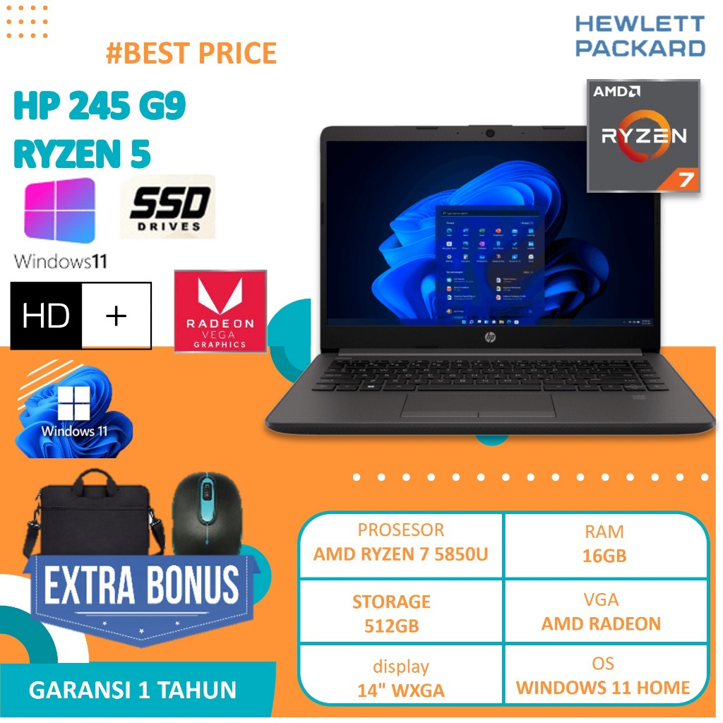 Jual LAPTOP RYZEN MURAH HP 245 G9 RYZEN 7 5825U 16GB 512GB SSD WIN11 ...