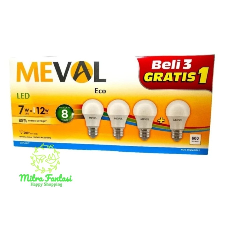 Jual Lampu Led Bohlam MEVAL Eco LV 7w Paket 3 Gratis 1 E27 Putih 7Watt ...