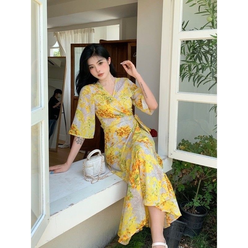 Jual Gaun Bermotif Kerah V Lengan Tiga Perempat Elegan Prancis Retro ...