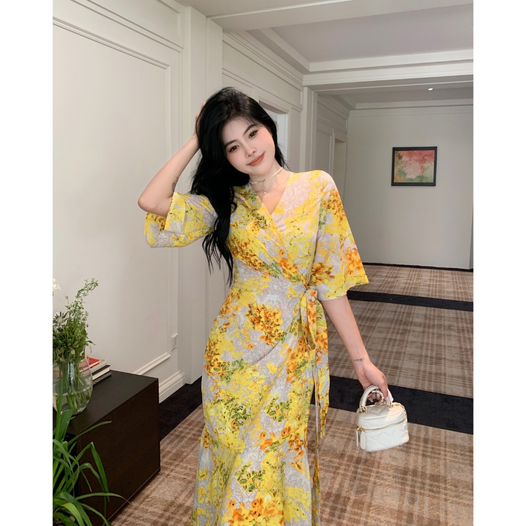 Jual Gaun Bermotif Kerah V Lengan Tiga Perempat Elegan Prancis Retro ...