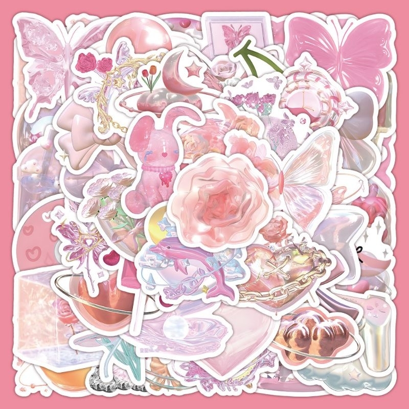 Jual 63pcs Sticker Shiny Pink Laser 3D Waterproof Stiker HP Aesthetic ...