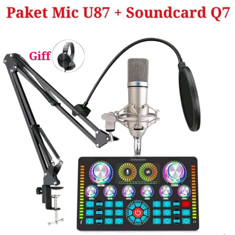 Jual Paket Mic Condenser U87 Soundcard Q7 48V Phantom Power Stand Arm Pop Filter Live Streaming ...