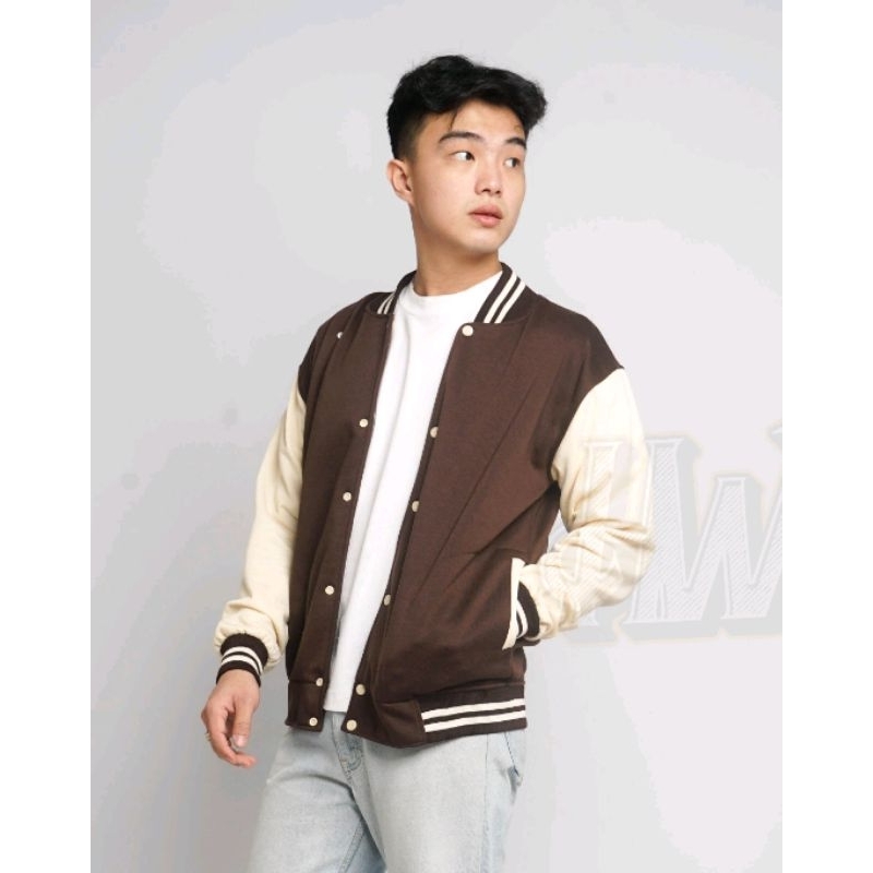Jual Jaket Baseball Varsity Kancing Tangan Cream Warna Coklat Jaket ...
