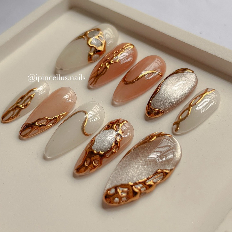 Jual Press On Nails UV gel polish “Charlotte” Kuku Palsu Gold Chrome ...