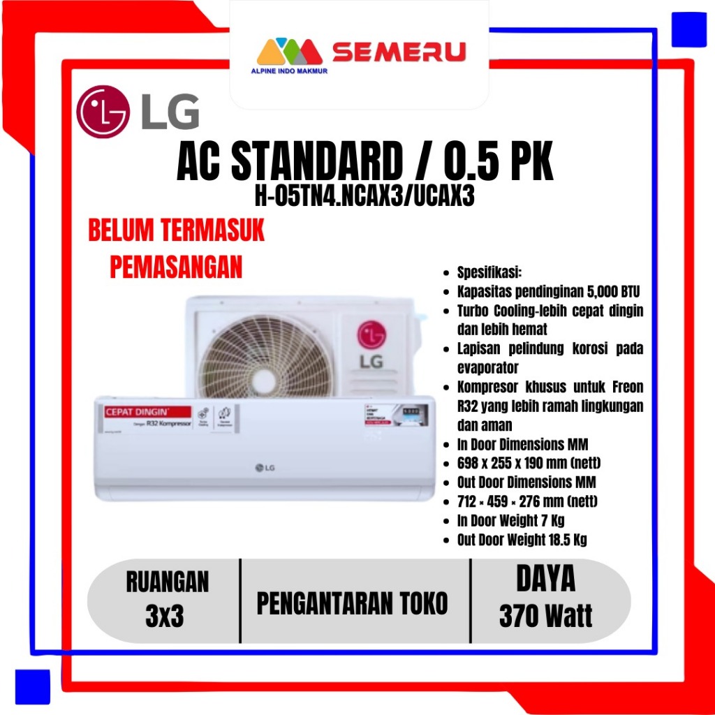 Jual LG AC STANDARD / 0.5 PK H-05TN4.NCAX3/UCAX3 AC UNIT ONLY INDOOR ...
