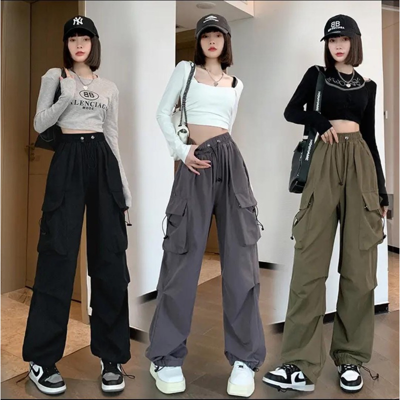 Jual TERLARIS-Kiya Cargo Pants Wanita Highwaist Loose Korean Style ...