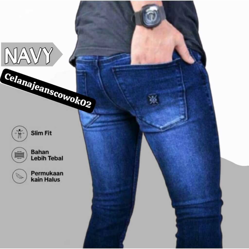 Jual Celana cowok keren bahan jeans ngaret biru tua | Shopee Indonesia