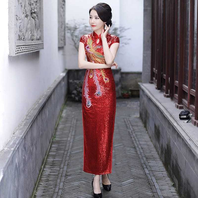 Jual Londoners - Premium Red Peacock Maxi Cheongsam Dress | Baju ...